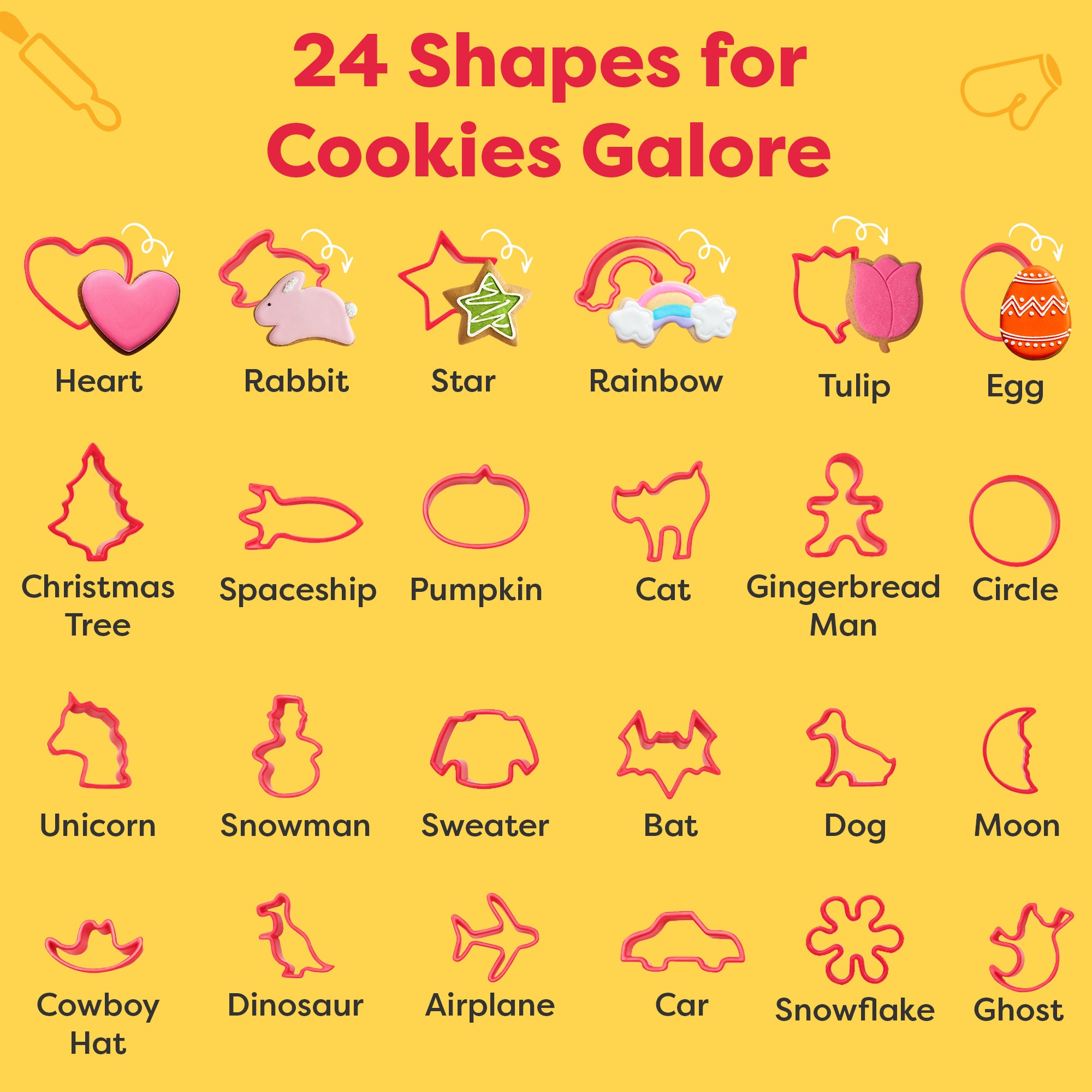 Baketivity Cookie Cutter Set for Kids, 24 Assorted Cookie Cutters With ...