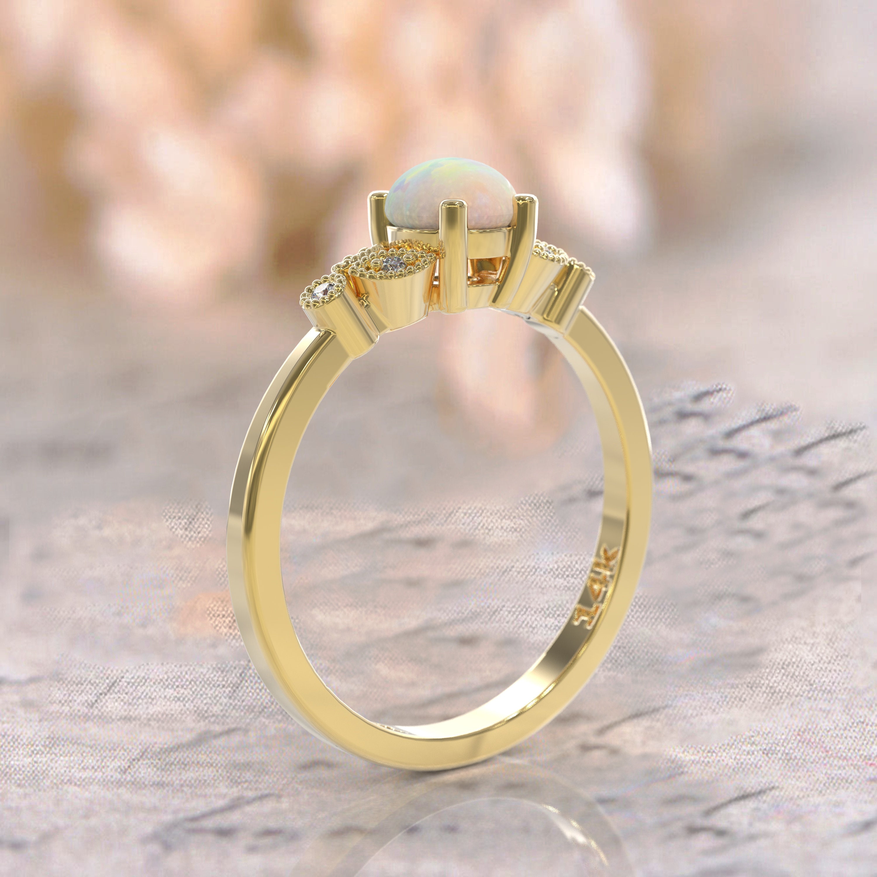 Opal Engagement Ring 5mm Natural Opal and Diamond Ring 3 Stone | Etsy