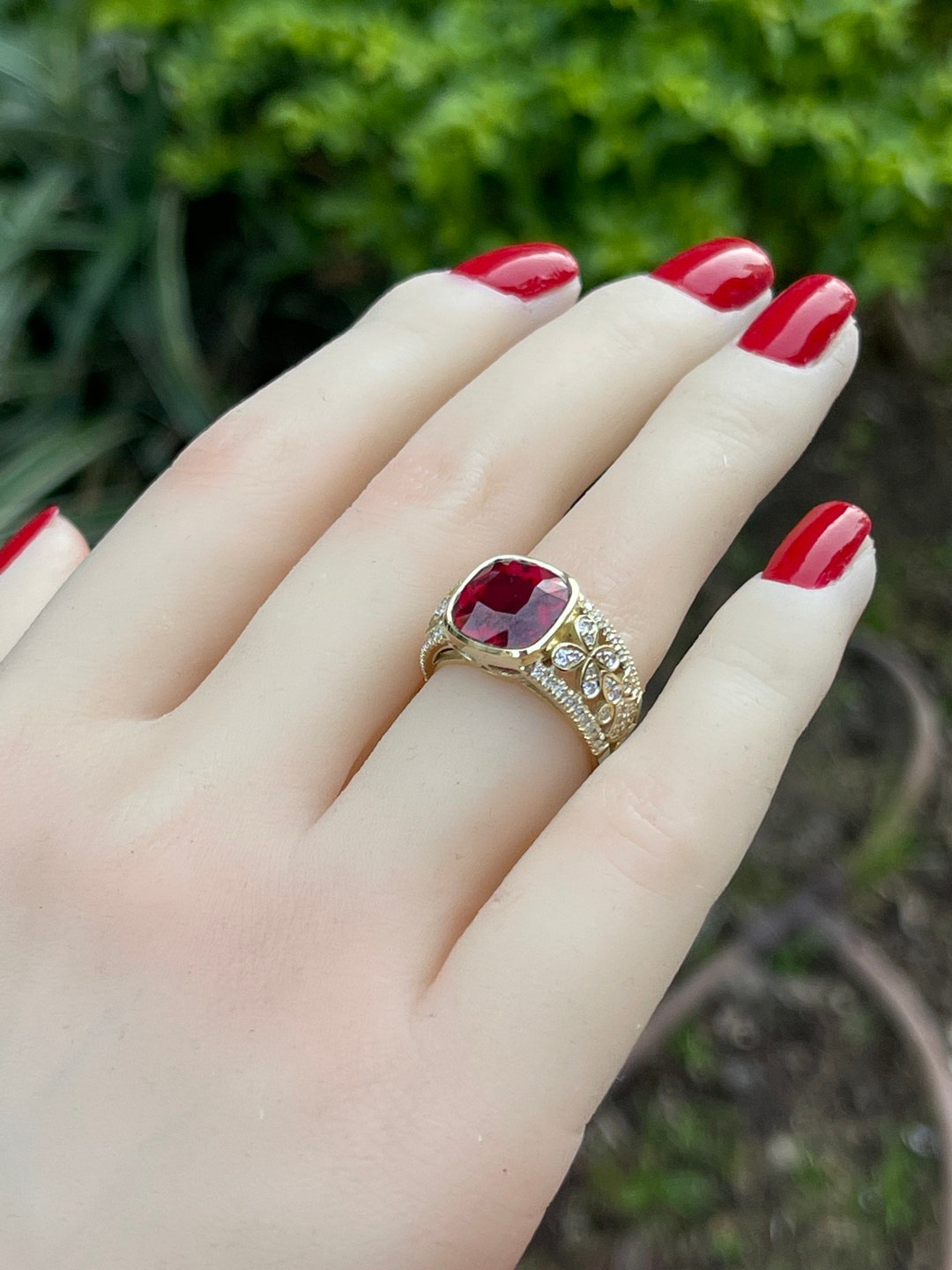 Cushion Cut Engagement Rings Lab Grown Ruby 10x10mm 5.5ct Antique Style ...