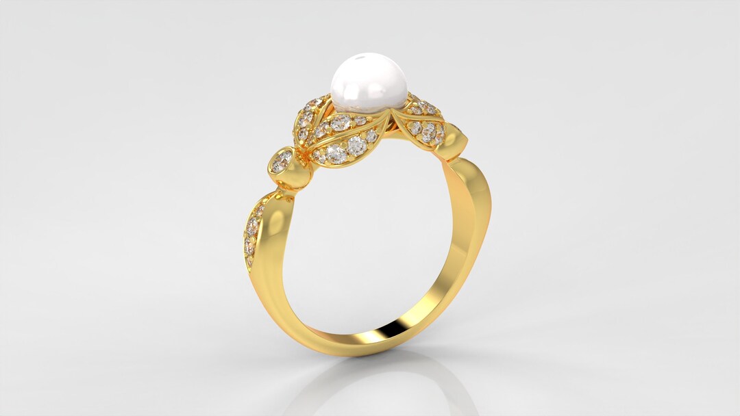 Pearl Diamond Wedding Engagement Ring, Real Diamond Promise Ring, 14k ...