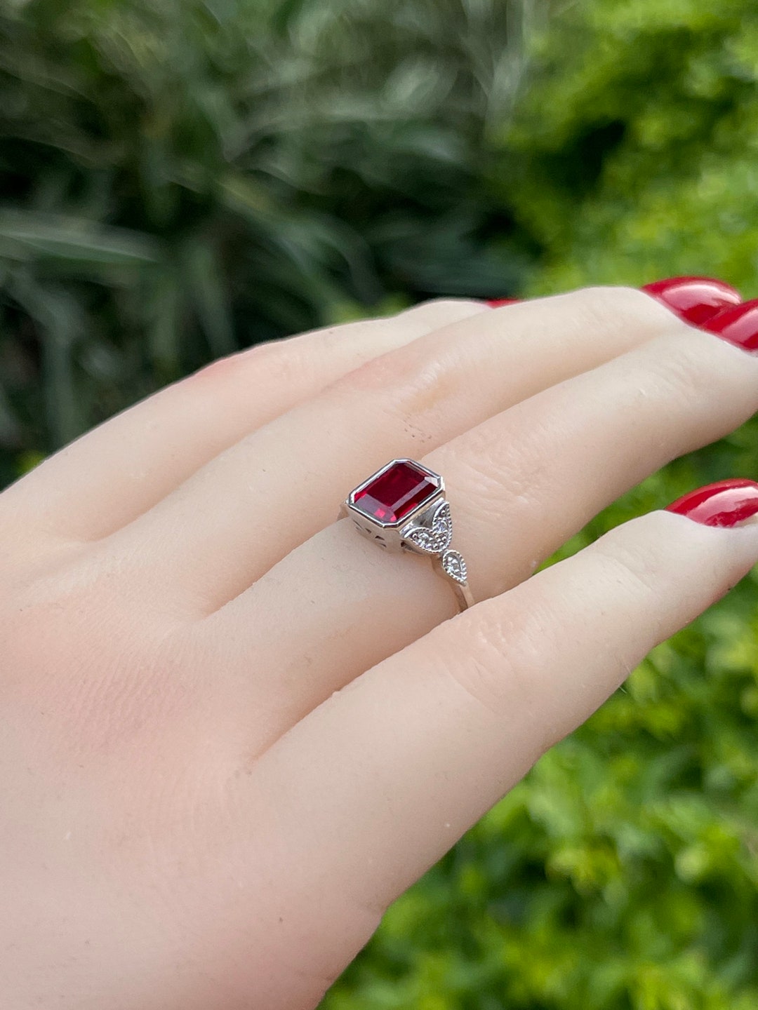 Emerald Cut Engagement Rings Lab Grown Ruby 8x6mm 2ct Antique Style 0.06ct Natural Diamond Art Deco Etsy Australia