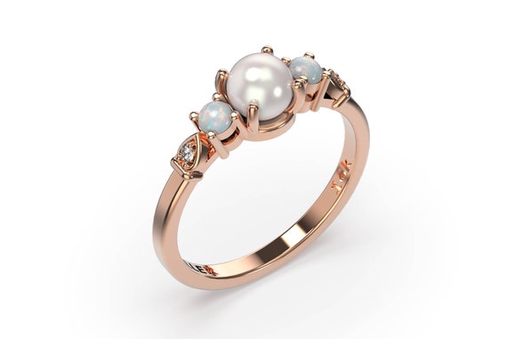 Pearl Opal Engagement Ring Rose Gold Diamond Pearl Gold 14k Gold Opal Ring October Birthstone Ring Inspirational Elegant Chic Ring Etsy Canada