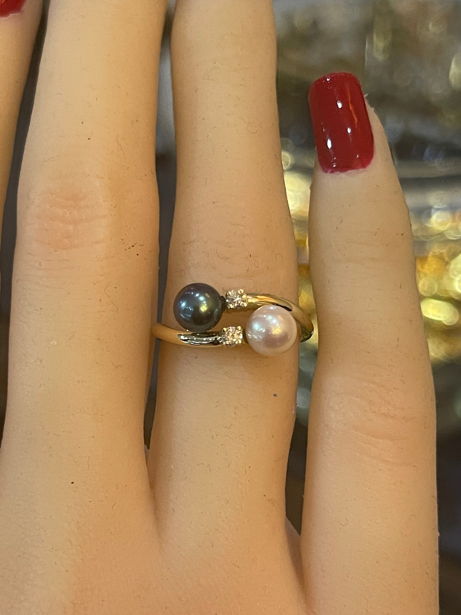 14k Gold Pearl Ring Double Pearl Ring Vintage 6mm White & Black Pearl ...
