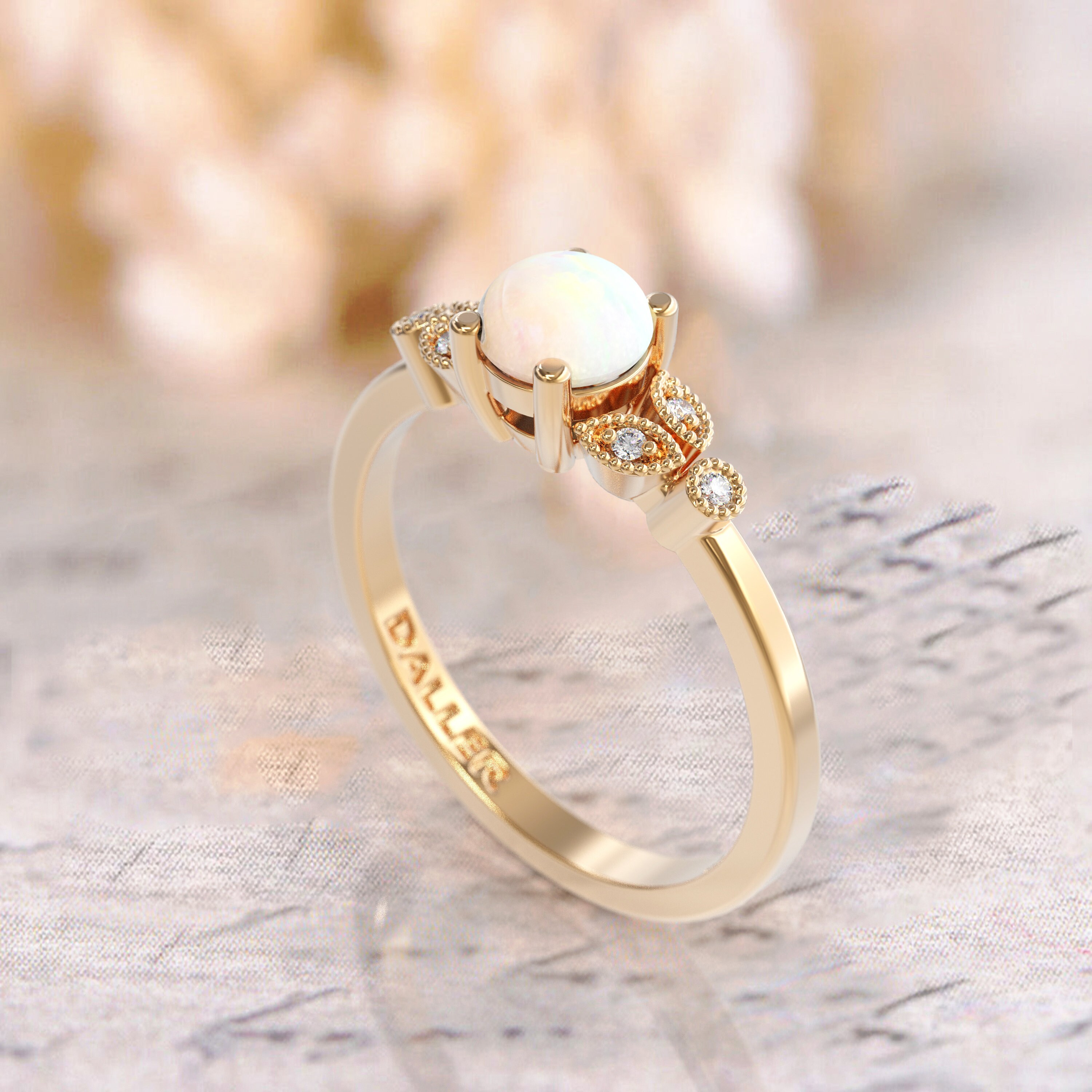 Opal Engagement Ring 5mm Natural Opal and Diamond Ring 3 Stone | Etsy