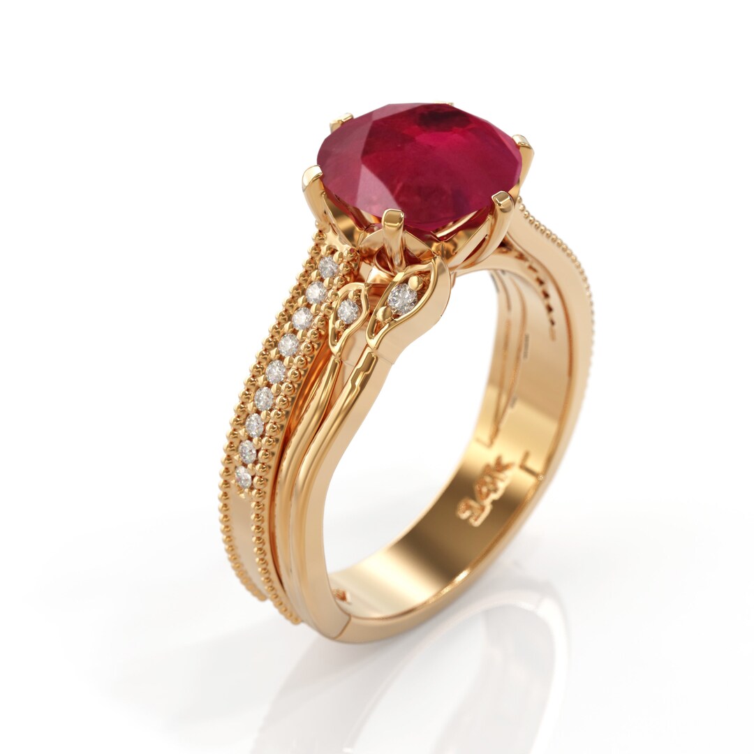 3 Carat Ruby Ring Round Ruby Engagement Ring Unique Ruby Diamond Ring ...