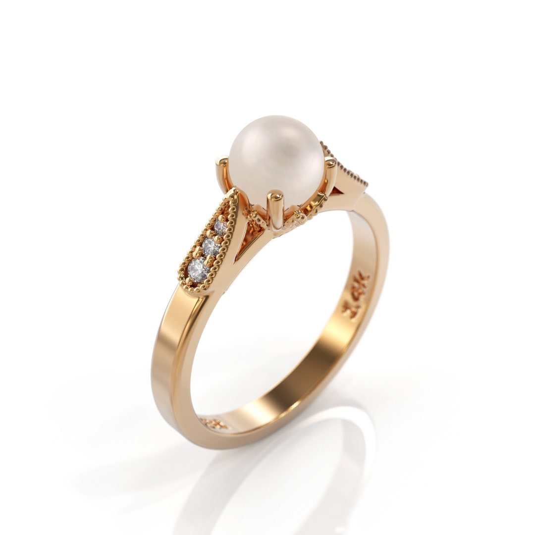 Pearl Engagement Ring, Pearl Wedding Ring, Pearl and Diamond Ring ...