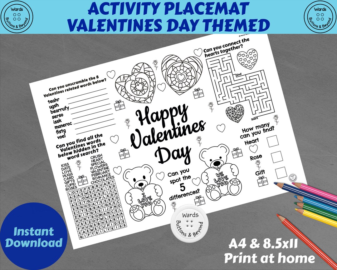 Valentines Activity Colouring Placemat, Printable Coloring Sheet, Table ...