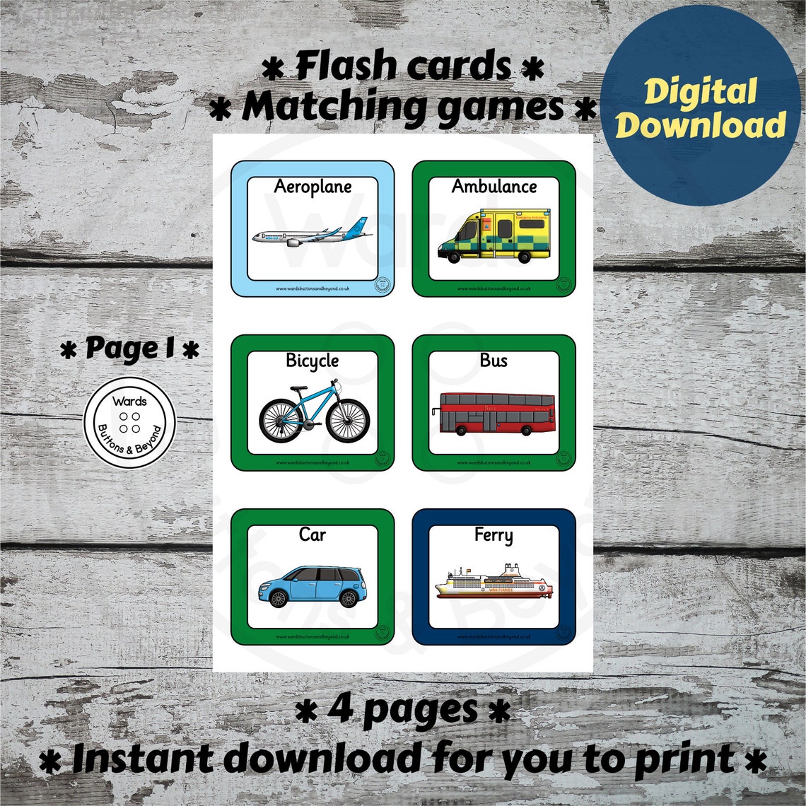 Printable Transport Cards, Flash Cards, Vehicle Matching, Childrens ...