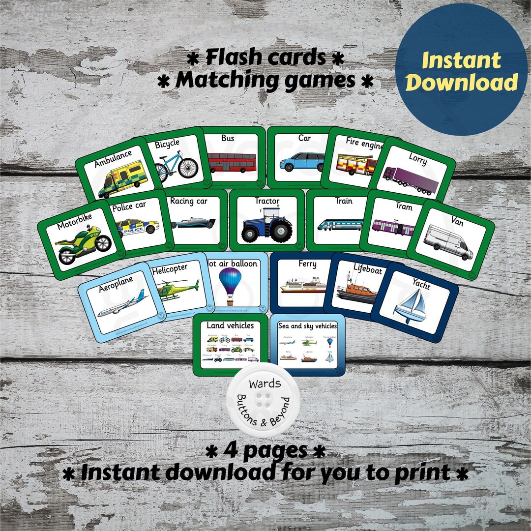 Printable Transport Cards, Flash Cards, Vehicle Matching, Childrens ...
