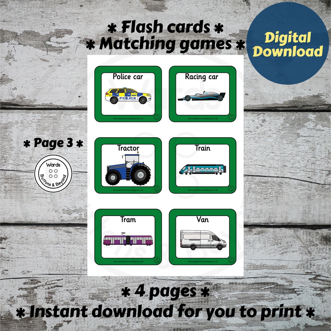 Printable Transport Cards, Flash Cards, Vehicle Matching, Childrens ...