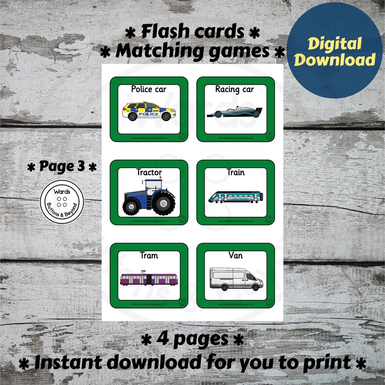 Printable Transport Cards, Flash Cards, Vehicle Matching, Childrens ...