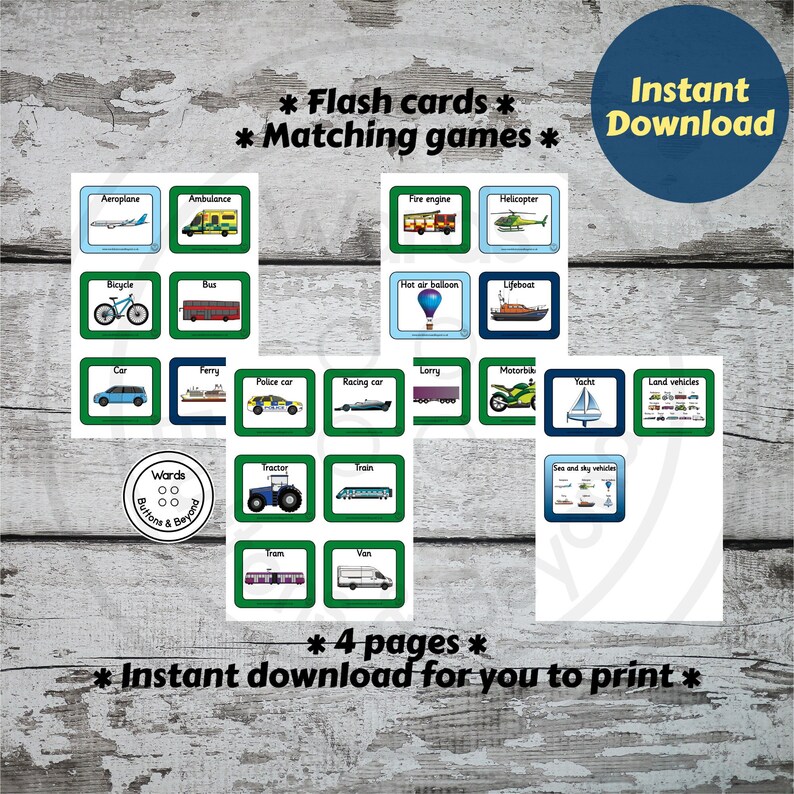 Printable Transport Cards, Flash Cards, Vehicle Matching, Childrens ...