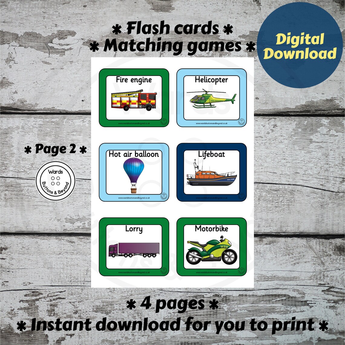 Printable Transport Cards, Flash Cards, Vehicle Matching, Childrens ...