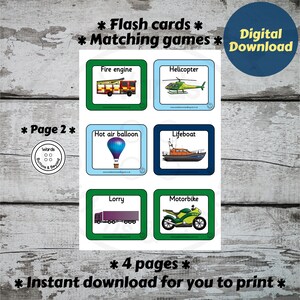 Printable Transport Cards, Flash Cards, Vehicle Matching, Childrens ...