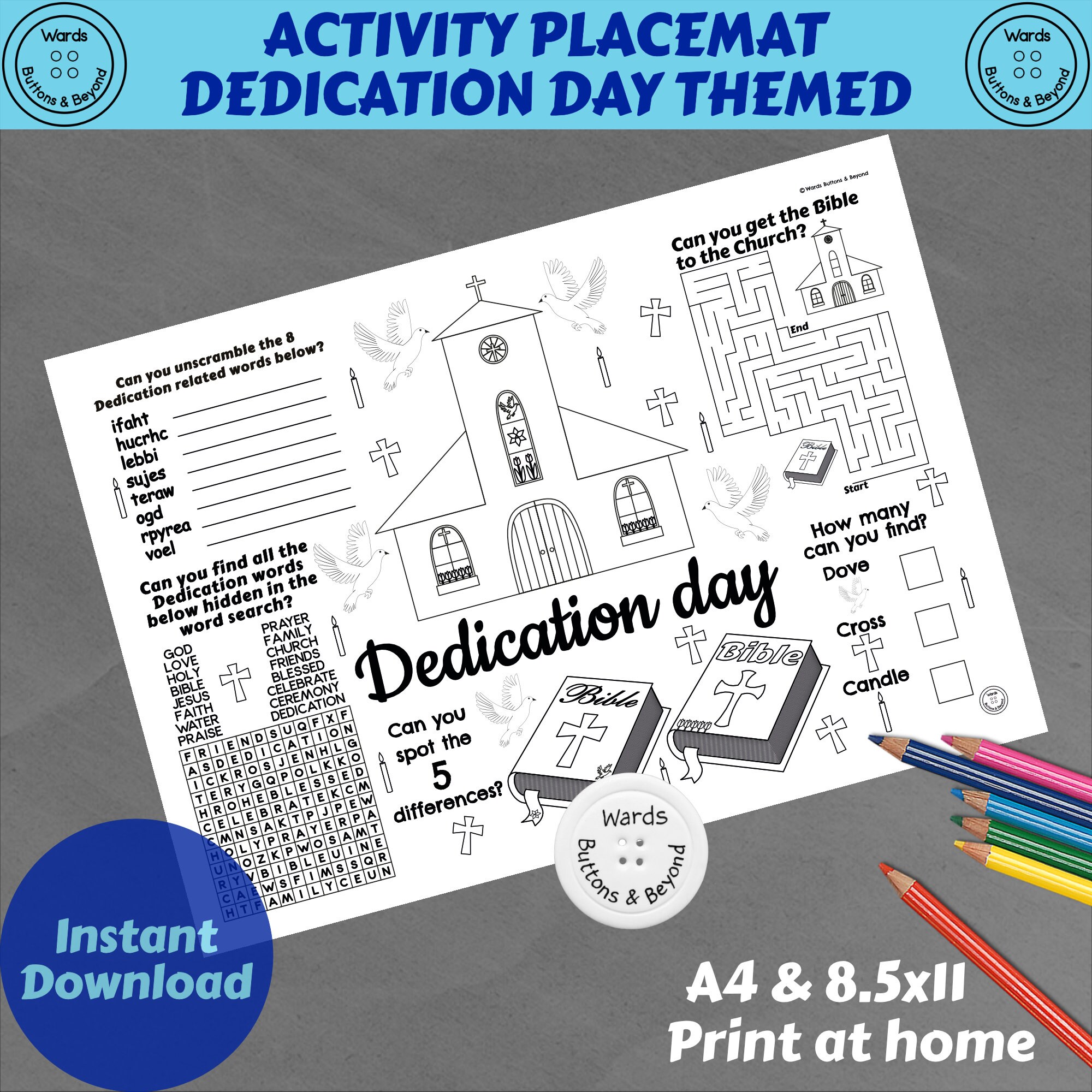 Dedication Activity Colouring Placemat, Printable Coloring Sheet, Table ...