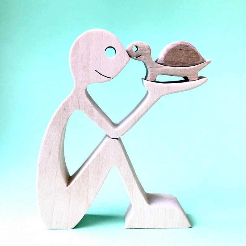 A Man a Turtle; Original Wood Sculpture 2virgule5d - Etsy