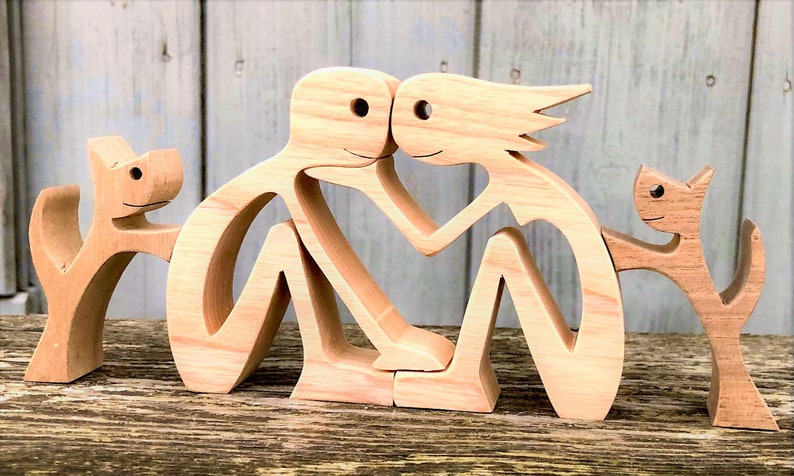 One Woman One Man Two Cats Original Wood Sculpture 2comma5d - Etsy