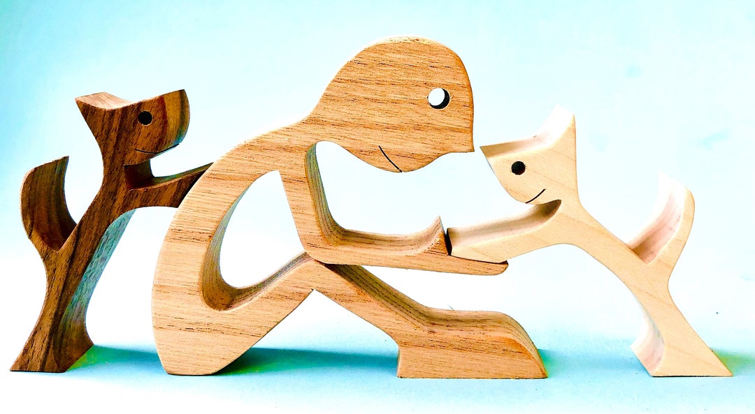 One Man Two Cats Original Wood Sculpture 2virgule5d - Etsy