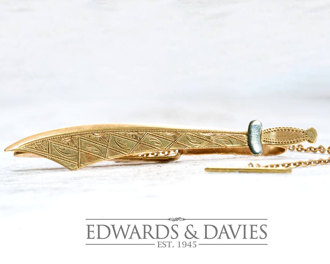 Gold Engraved Sword Tie Bar With Chain | Antique Tie Bar | 18k Tie Clip ...