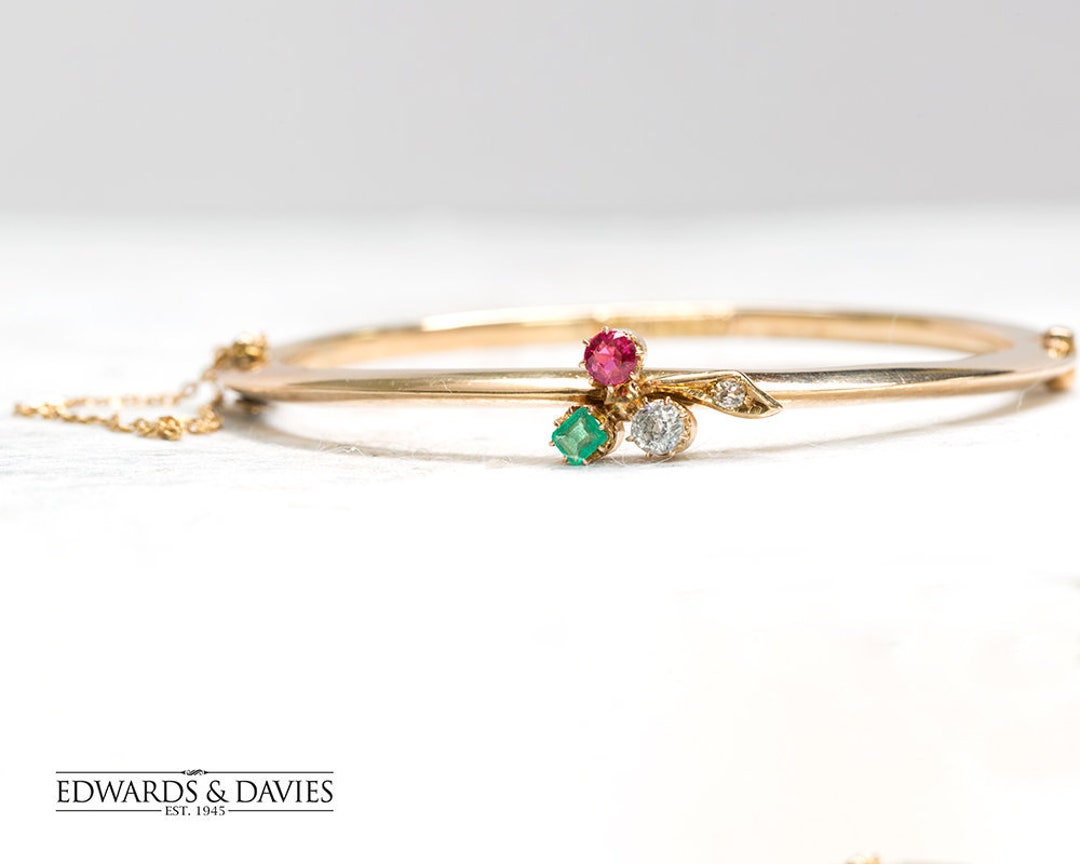 Gold Diamond Ruby Emerald Bangle Bracelet | 1940s Bracelet | Antique ...
