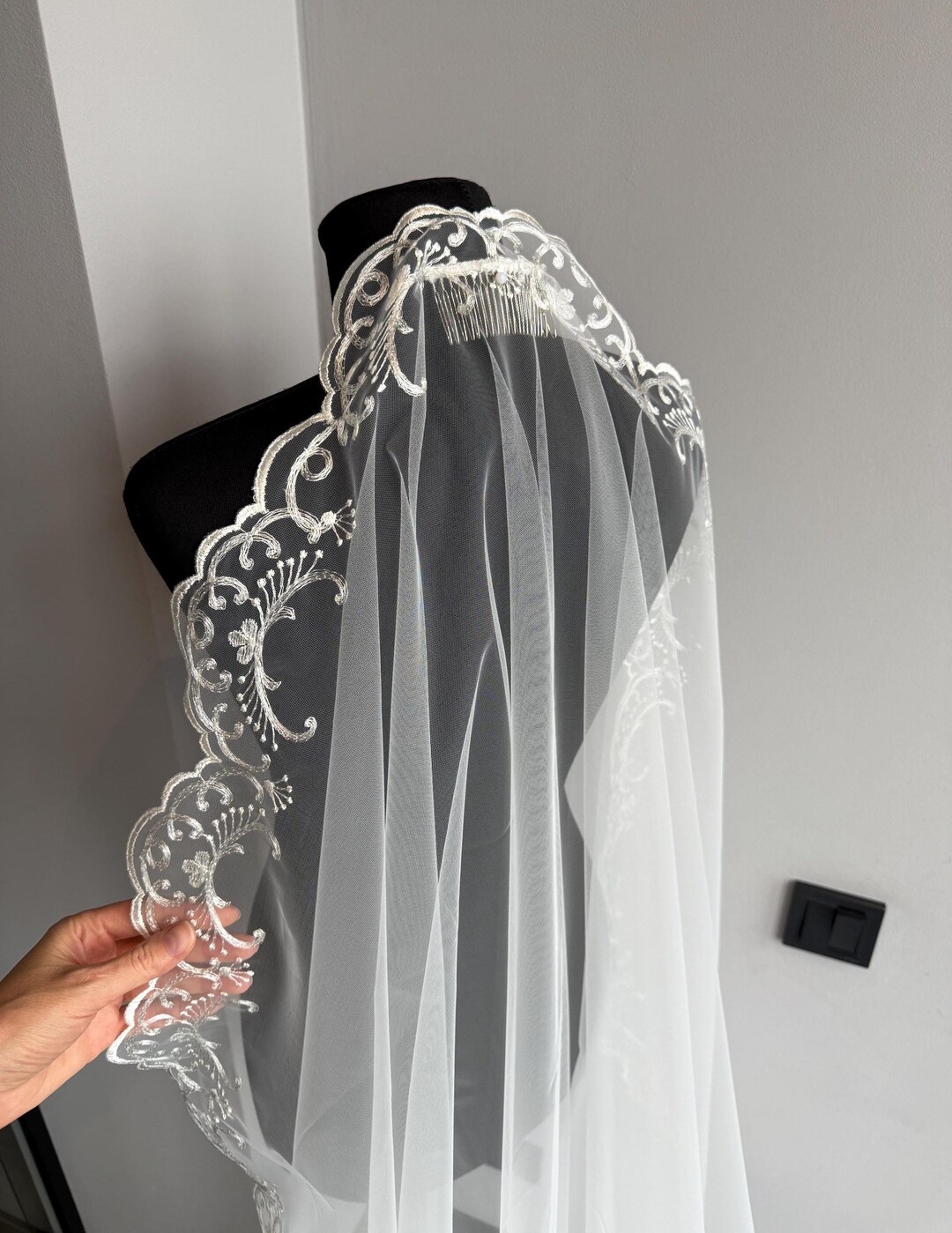 Velo de mantilla, velo de novia de encaje, velo de mantilla, velo largo ...