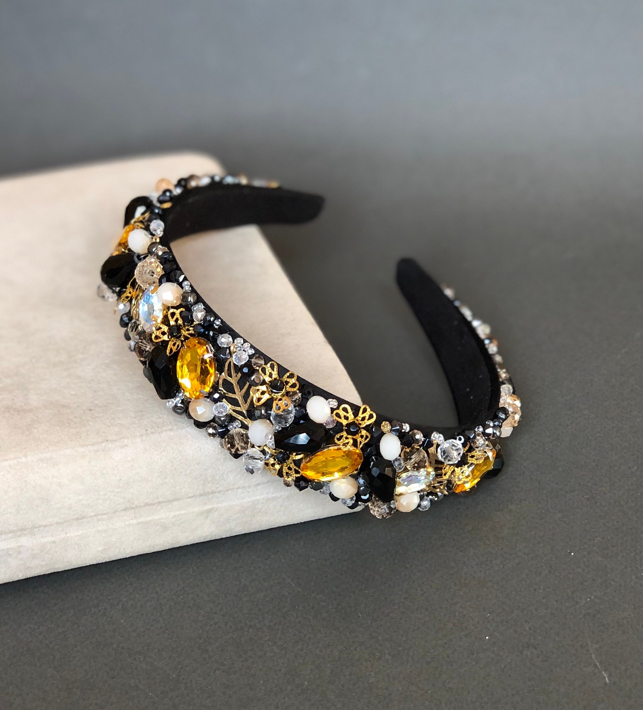 Black gold headband jeweled crown baroque headpiece bridal | Etsy