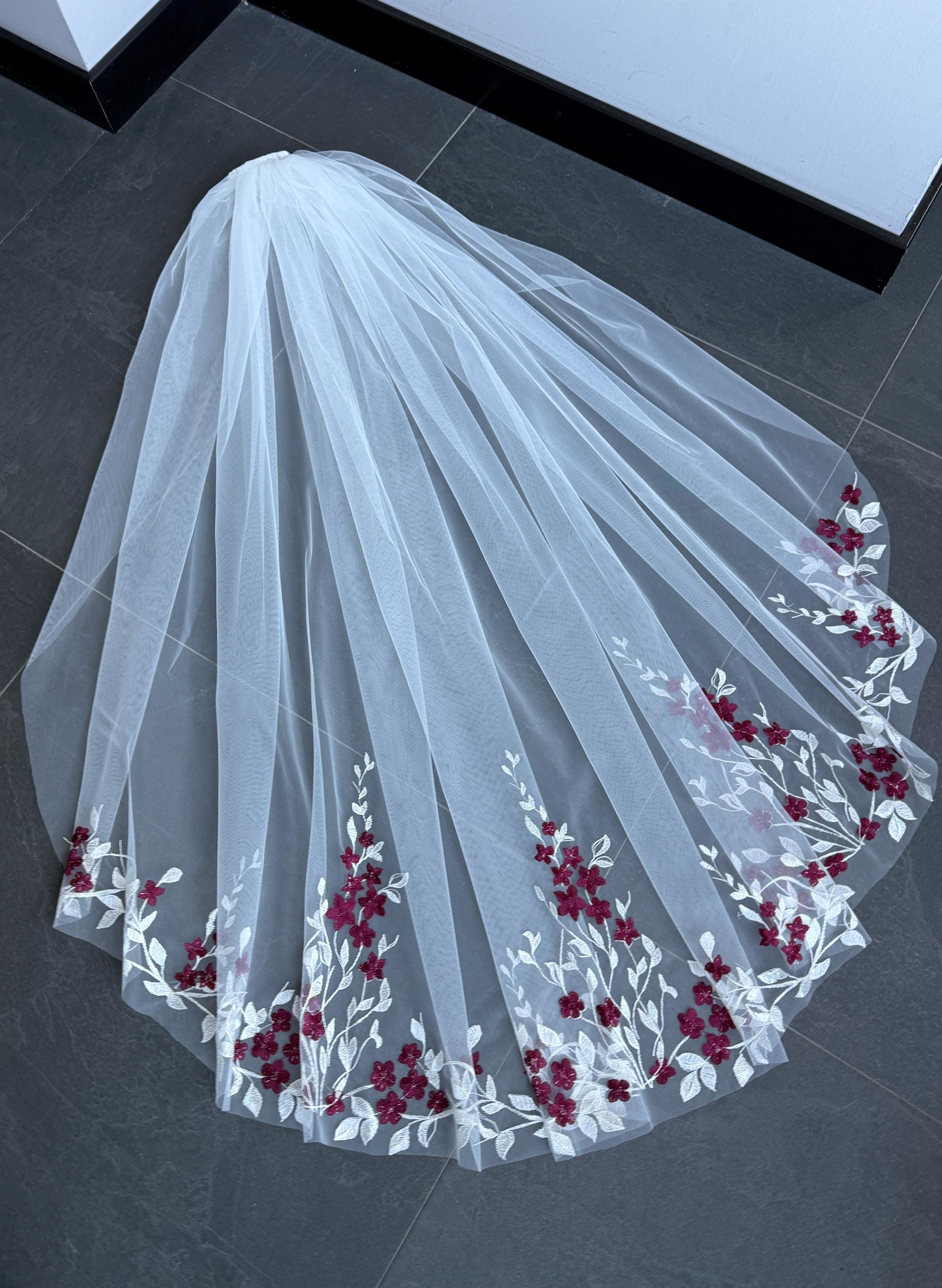 Floral Veil Burgundy Veil Embroidered Flower Veil Wedding Floral Lace ...