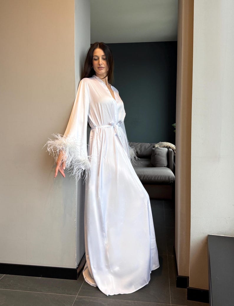Bride Robe With Feather White Boudoir Robe Ivory Long Silk Robe Bridal ...