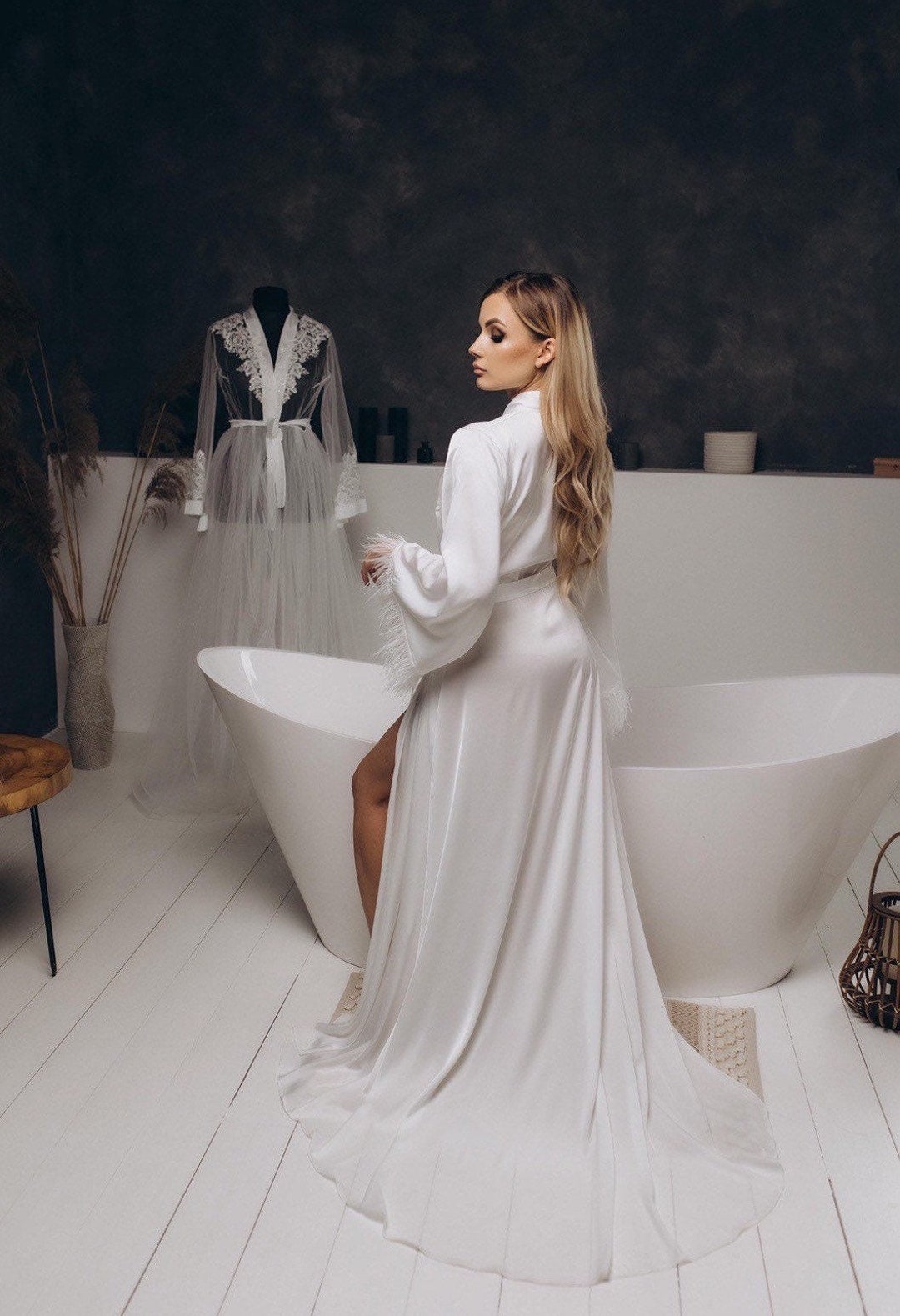 Bridal Robe With Train Robe Feather Sleeves Robe Bride Boudoir Robe ...