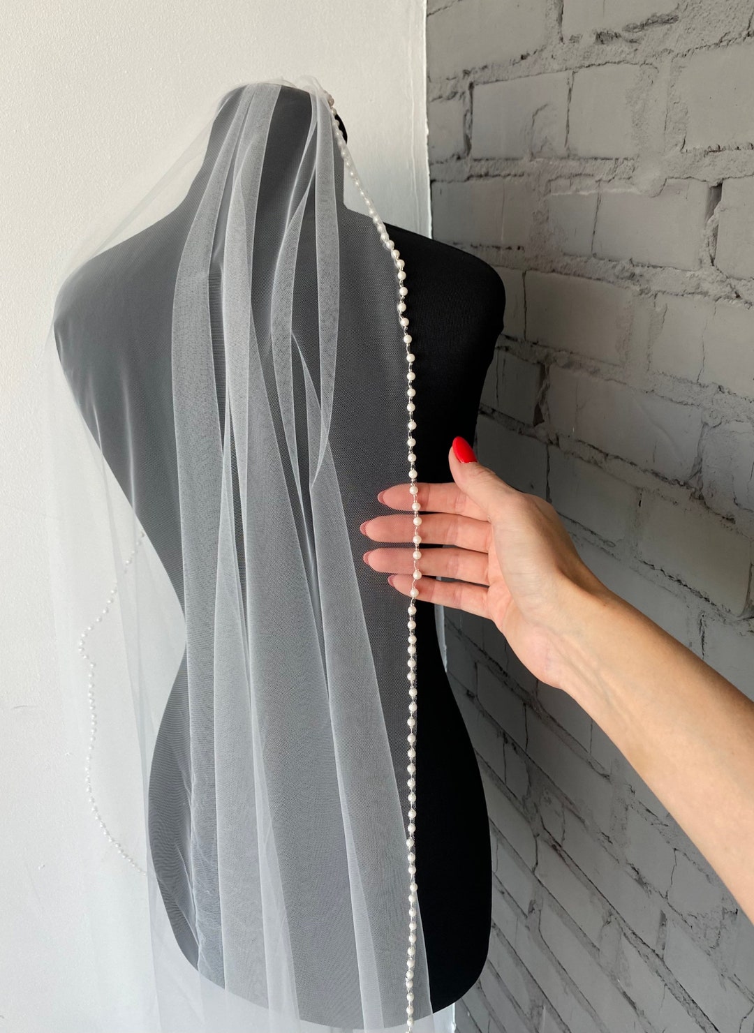 Beaded Veil Wedding Veil Pearl Bridal Veil Short Veil Wedding Chapel ...