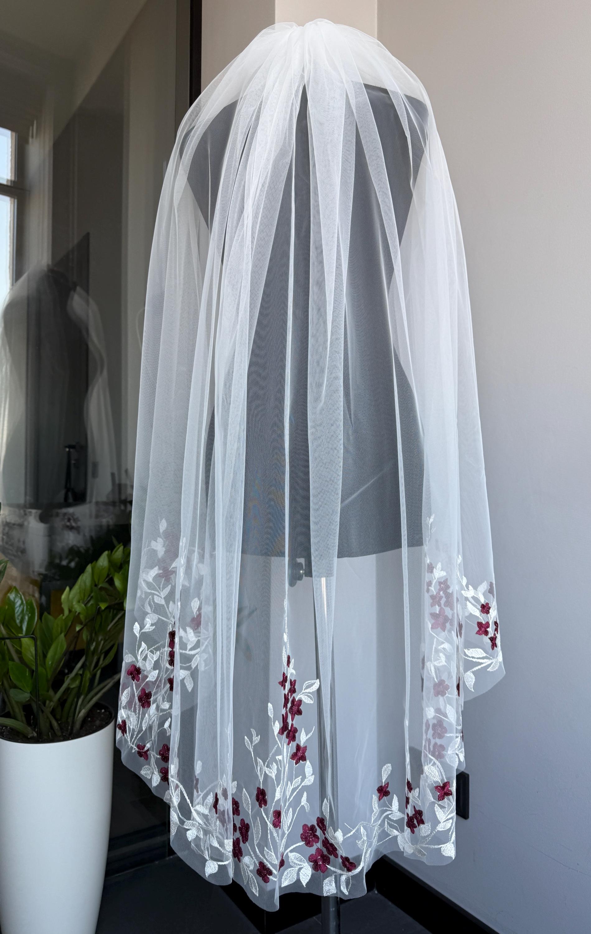 Floral Veil Burgundy Veil Embroidered Flower Veil Wedding Floral Lace ...