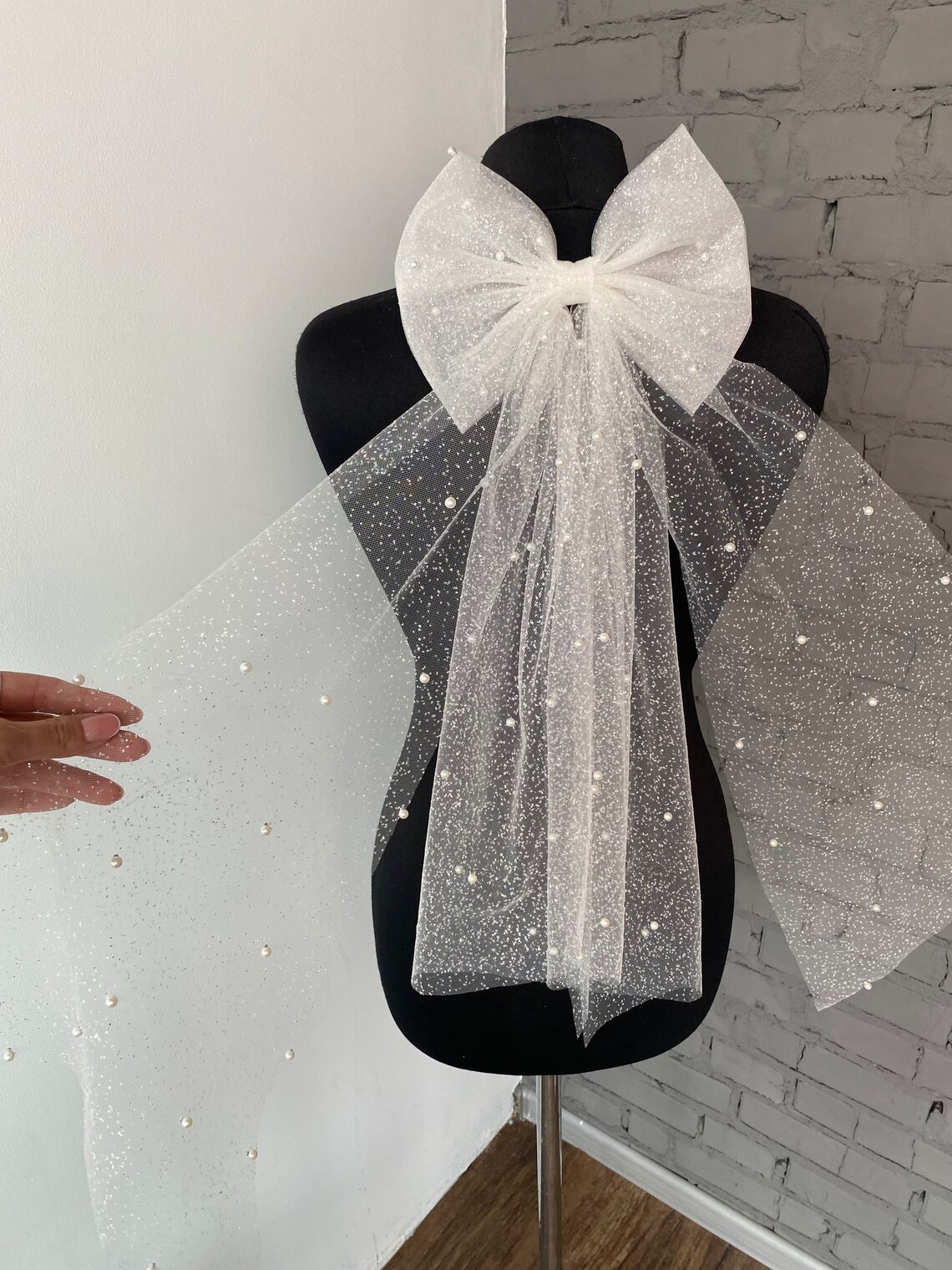 Veil Hair Bow Pearl Veil Glitter Veil Bow Bridal Bow Tulle Pearl Bow ...