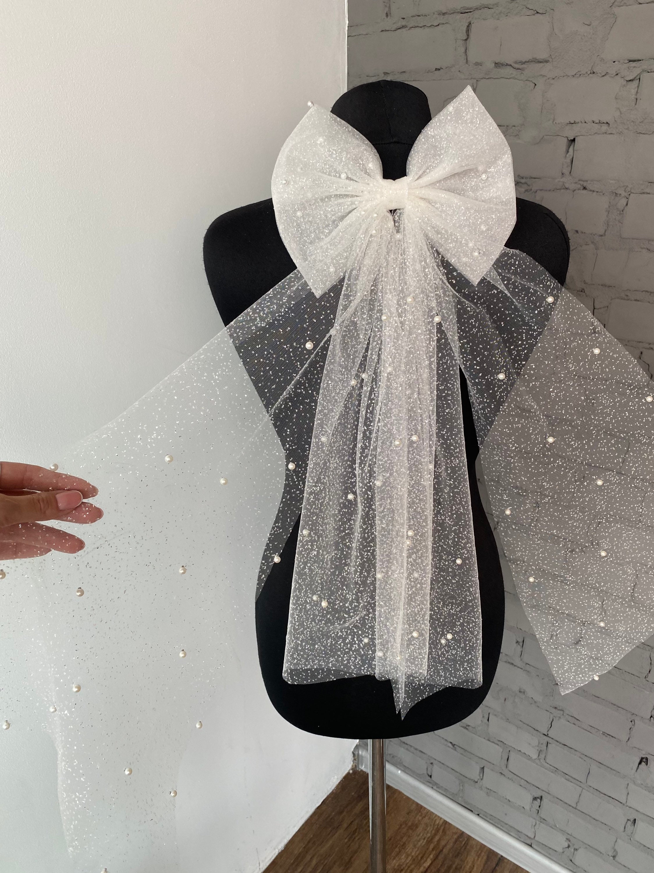 Veil Hair Bow Pearl Veil Glitter Veil Bow Bridal Bow Tulle Pearl Bow ...
