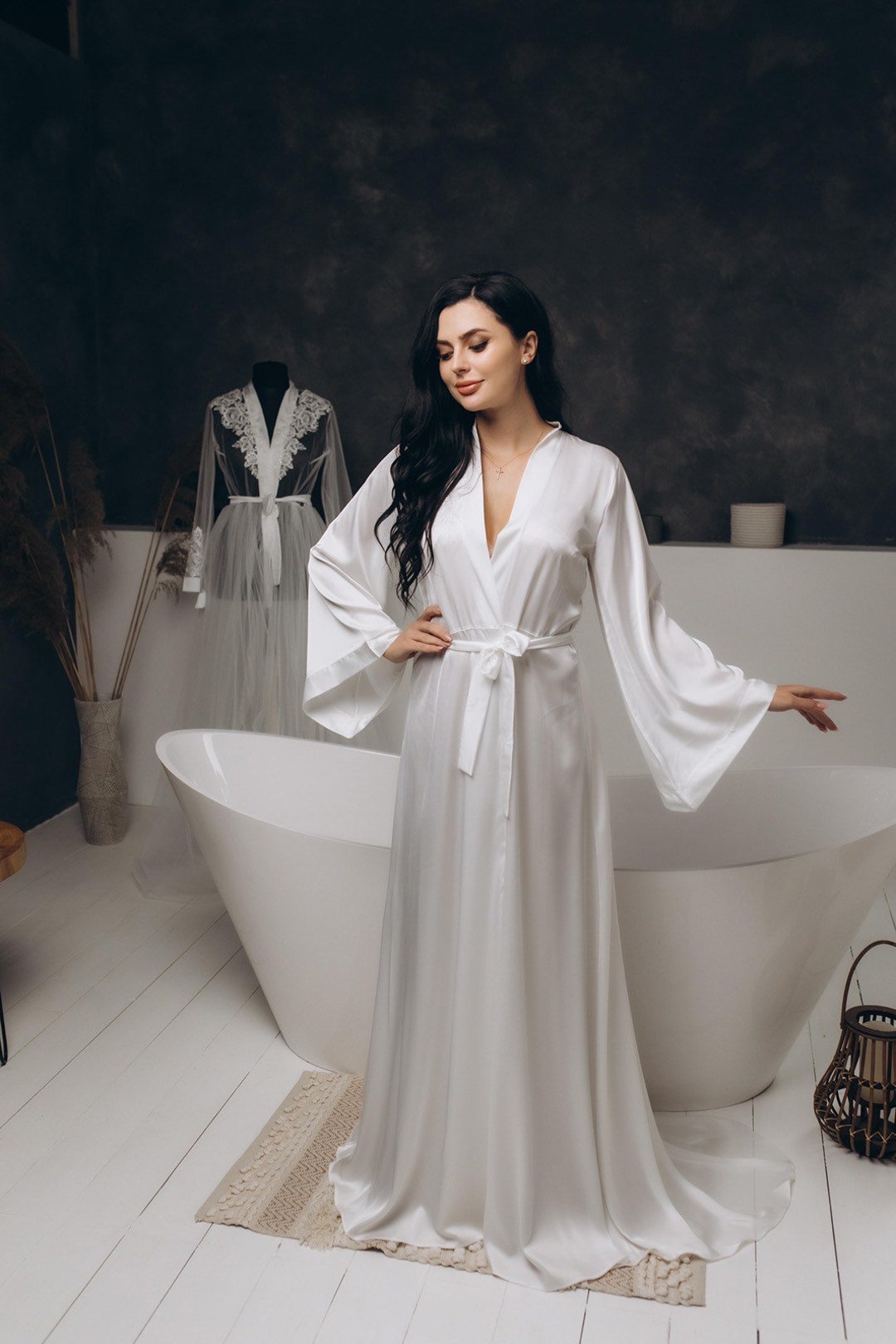 Bridal Robe With Train Bride Robe Long Robe Silk Boudoir Robe Dressing ...