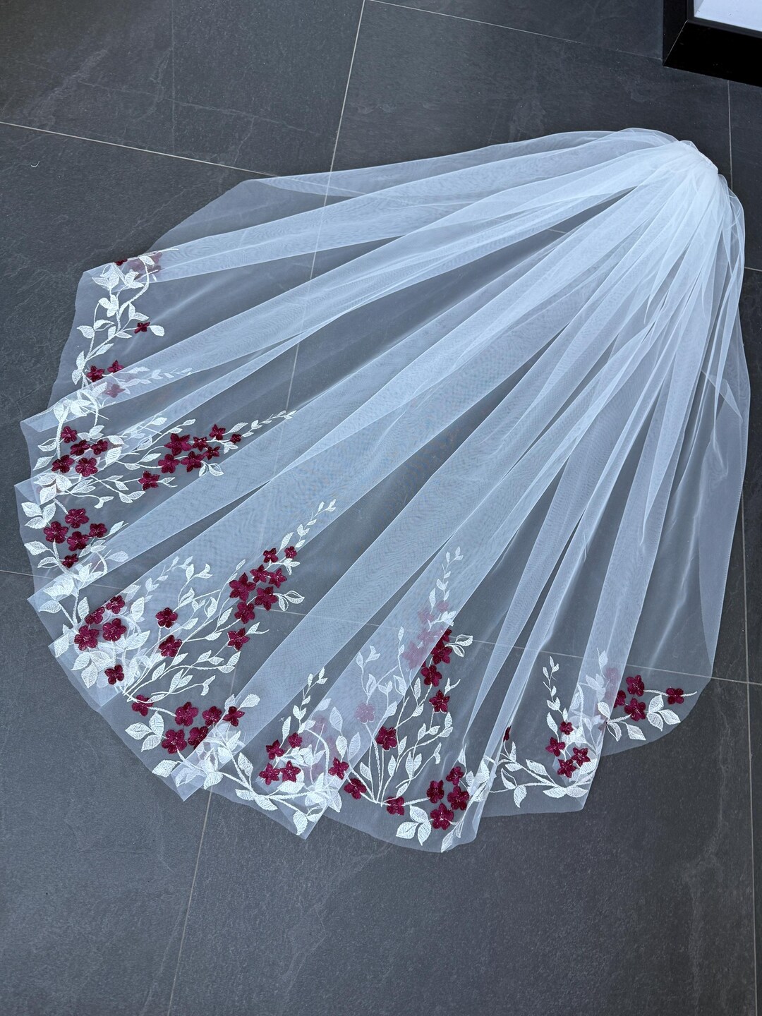 Floral Veil Burgundy Veil Embroidered Flower Veil Wedding Floral Lace ...
