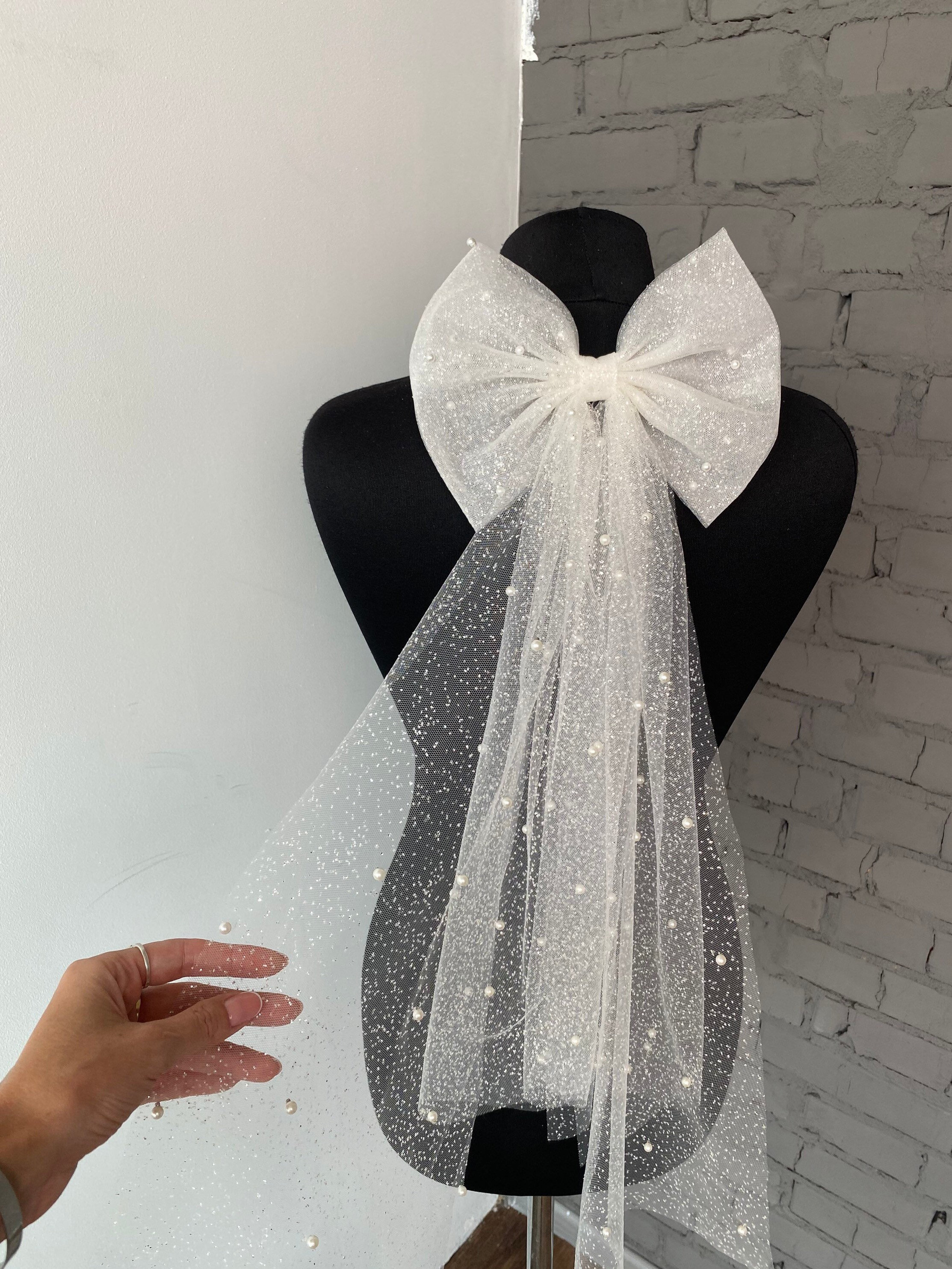 Veil Hair Bow Pearl Veil Glitter Veil Bow Bridal Bow Tulle Pearl Bow ...