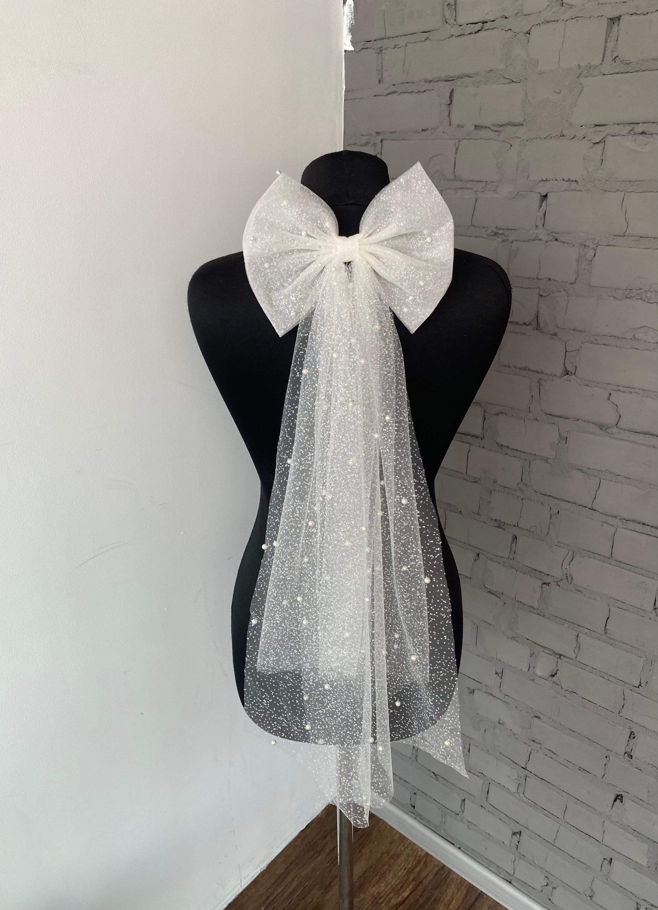 Veil Hair Bow Pearl Veil Glitter Veil Bow Bridal Bow Tulle Pearl Bow ...