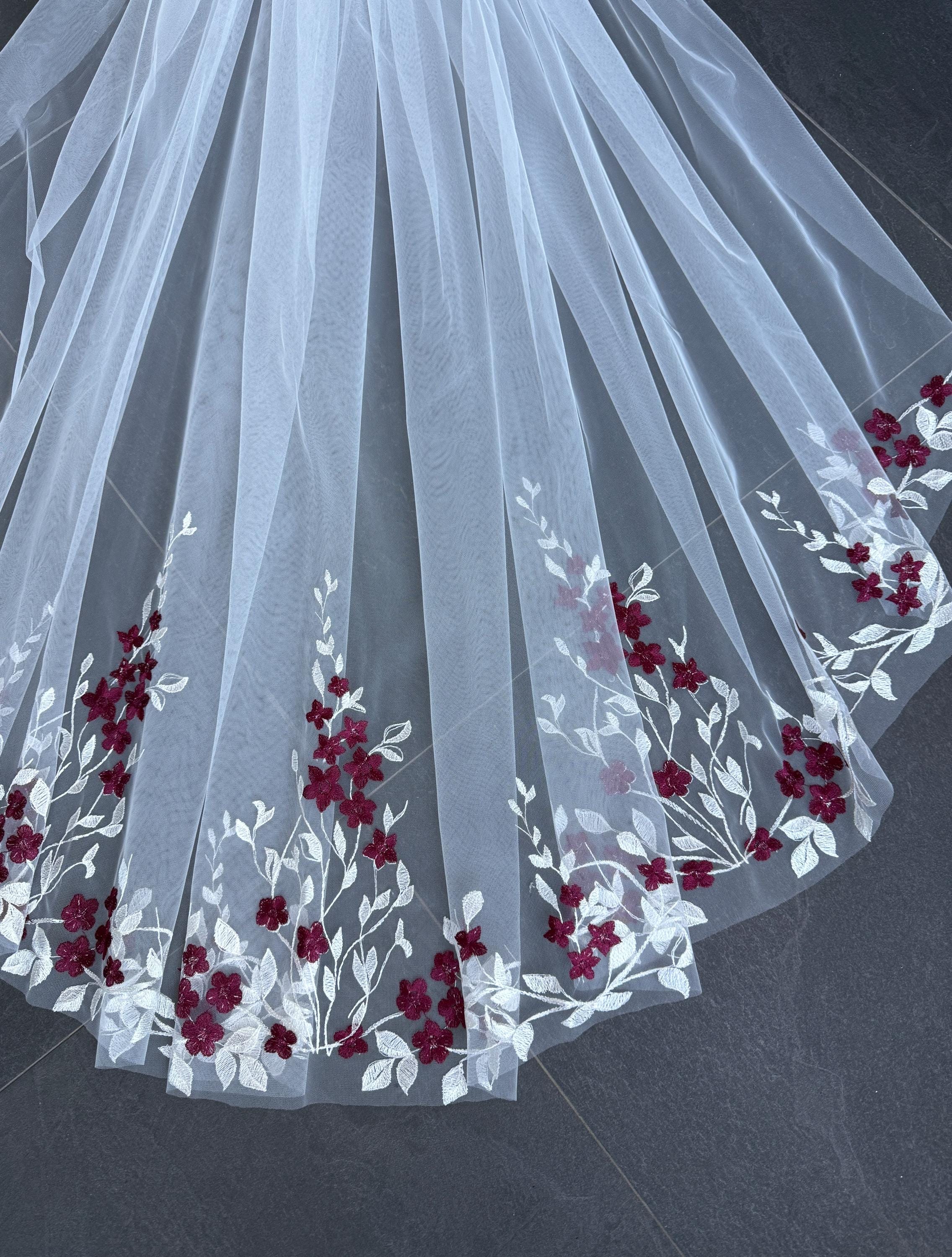 Floral Veil Burgundy Veil Embroidered Flower Veil Wedding Floral Lace ...