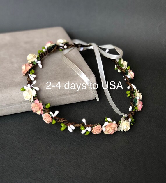 Blush Peach Floral Crown Wedding Flower Wreath Bridesmaid - Etsy