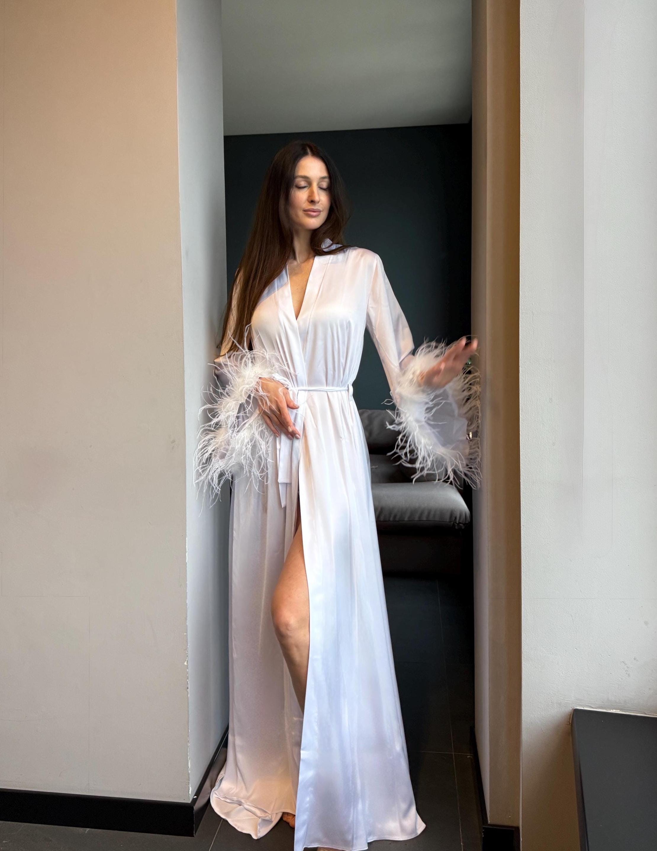 Bride Robe With Feather White Boudoir Robe Ivory Long Silk Robe Bridal ...