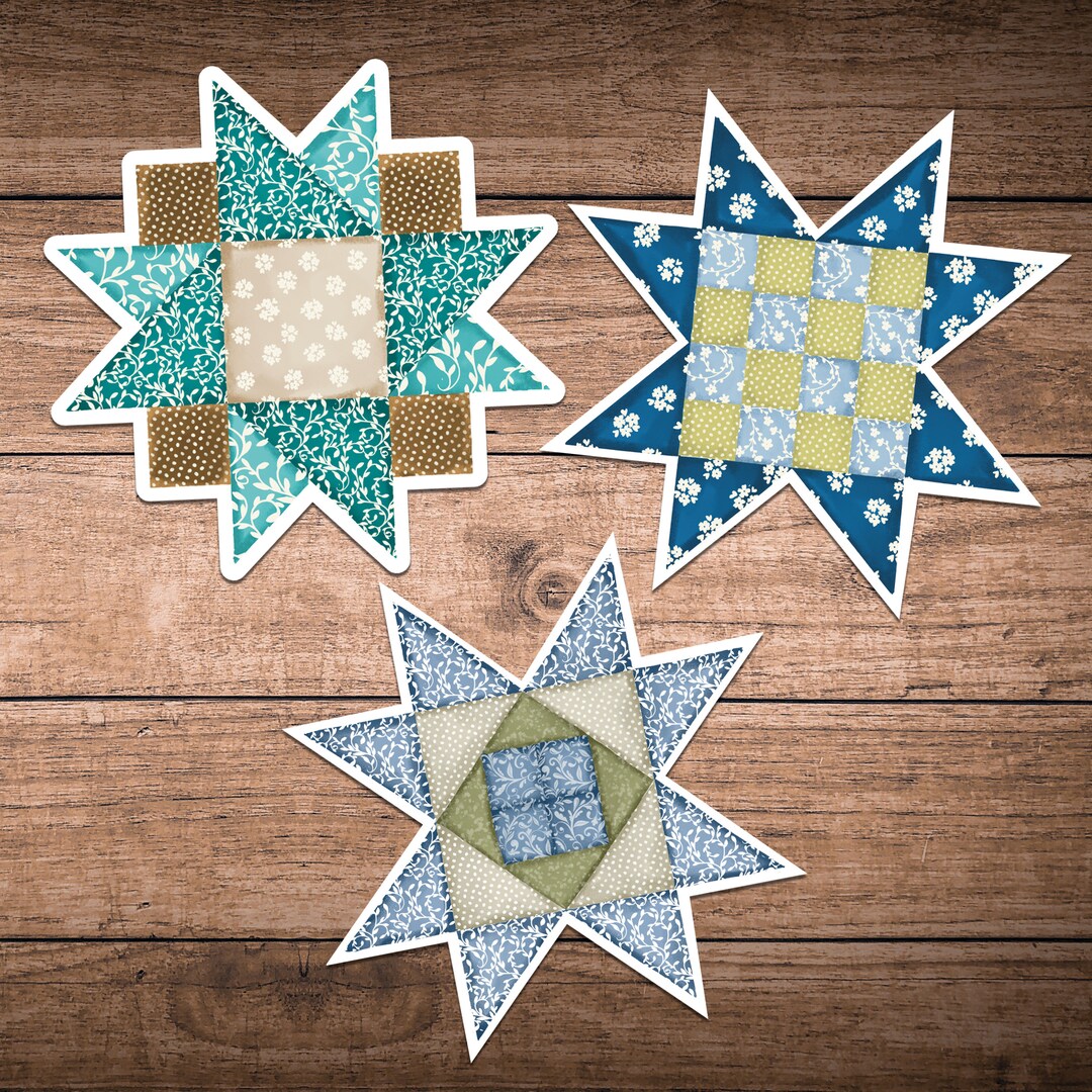 Sawtooth and Friendship Quilt Block Stickers, Blue Set of 3 Star Quilt ...