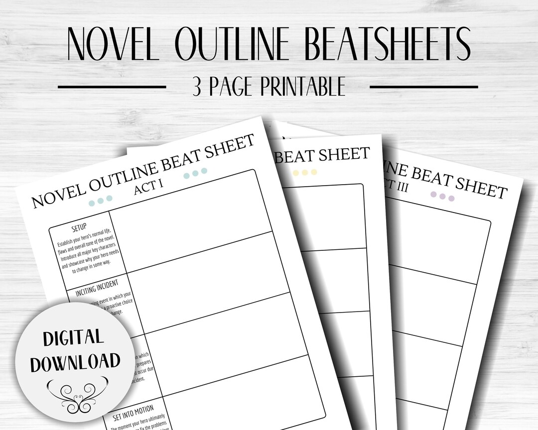 3 Page Novel Outline Beat Sheets | Writing Template | Nanowrimo | Novel ...