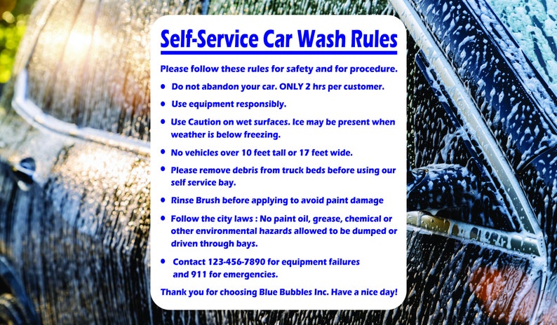 Custom Self-service Car Wash Rules Sign 13 X 15, Permanent Aluminum ...