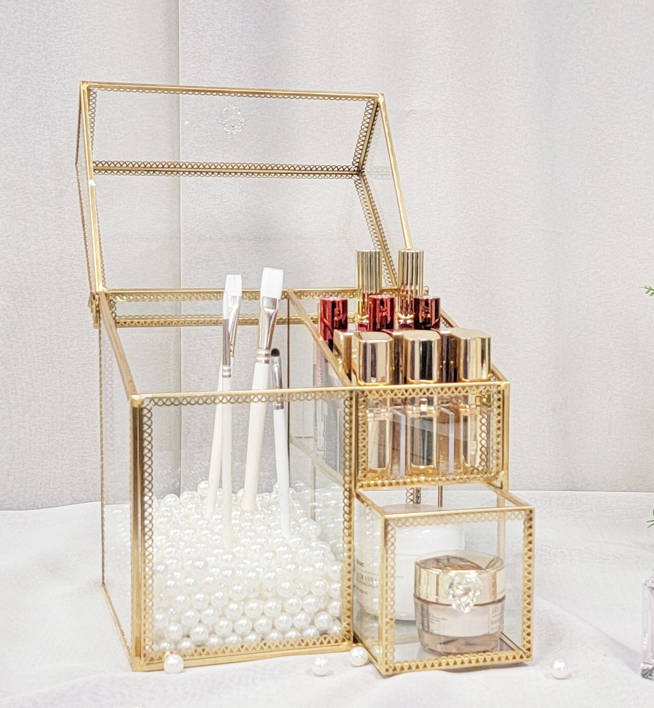 Personalized Glass Makeup Brush Lipstick Holder Organizer Elegant Glass Comestic Box Plastic Pearls Acrylic Lipstick Divider Included Etsy