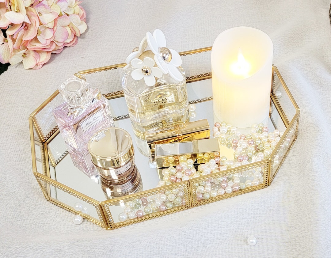 Glass Mirrored Vanity Tray With Trim 12"w, Gold, Personalized ...