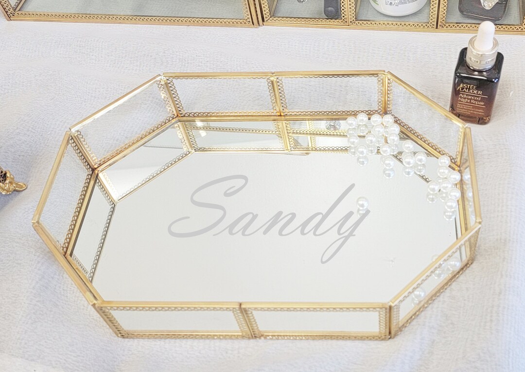Glass Mirrored Vanity Tray With Trim 12w, Gold, Personalized Decorative ...