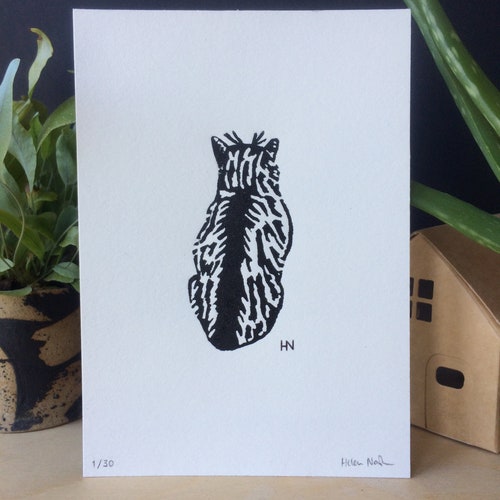 Black Cat in Window Linoleum Block Print - Etsy