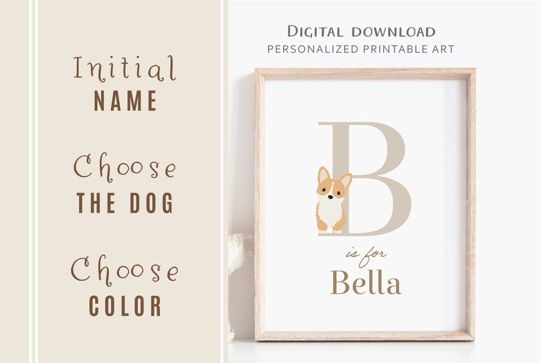 Initial Name Print, Dog Art for Nursery, Personalized Baby Gift, Letter ...