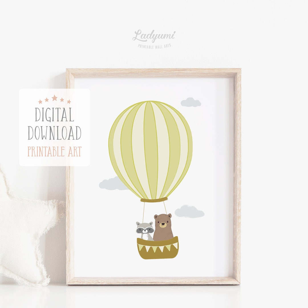 Hot Air Balloon Nursery Decor, Printable Kids Wall Art, Woodland Animal ...