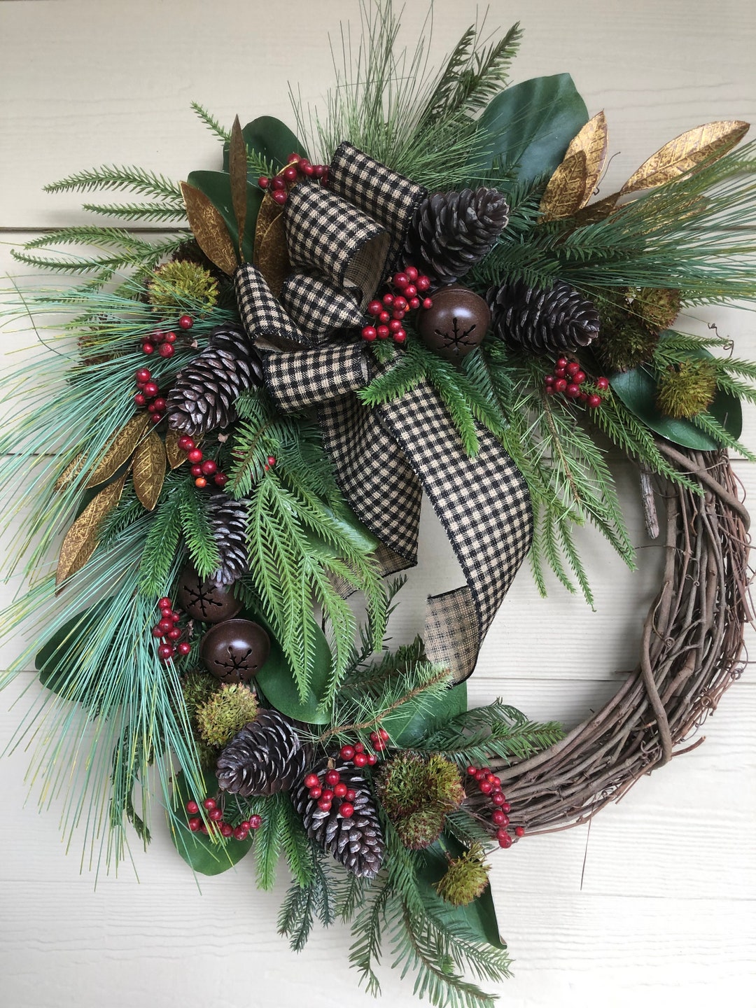 Rustic Christmas Wreath, Rustic Winter Wreath, Winter Wreath With Bells ...